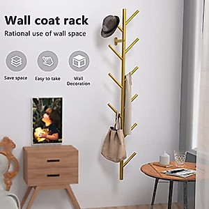 Omsaca Wall Mounted Coat Rack, Hat Tree For Wall, Modern Metal Wall Clothes Rack, Purse Rack With 11 Hooks, Space Saving And Easy Installation, Suitable For Living Room, Bedroom, Entryway-Tree Golden