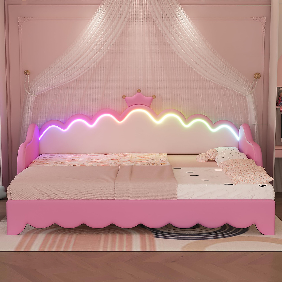 SOFTSEA Twin Upholstered Princess Daybed with LED Lights, Girls Princess Daybed with Extendable Trundle, Twin to King Faux Leather Daybed Frame with Crown Headboard for Kids Teens Audlts, Pink