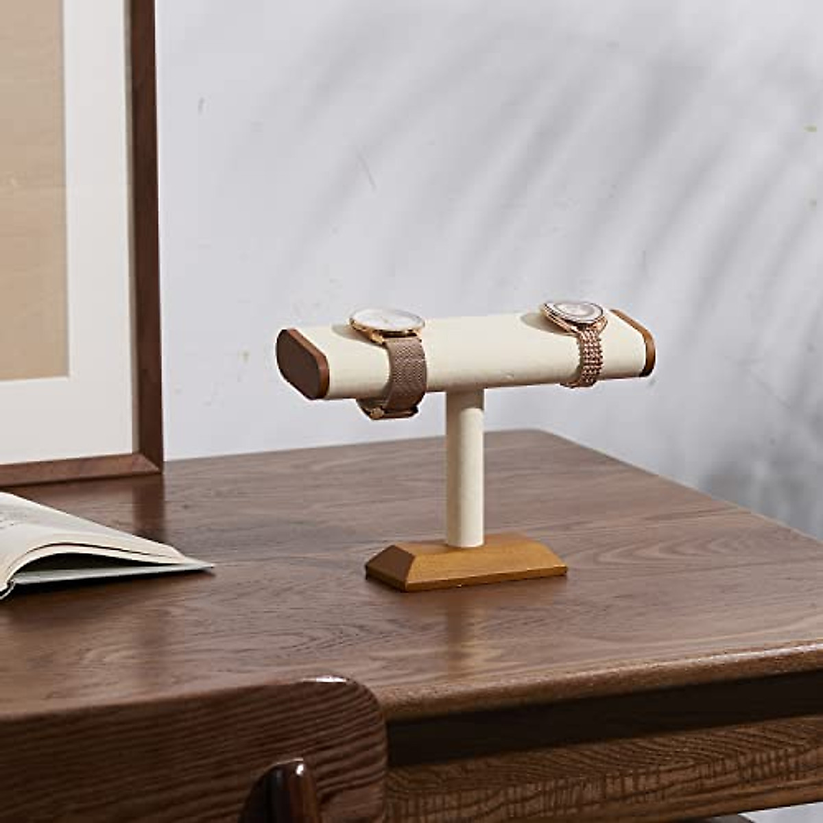 Oirlv Solid Wood T-Bar Watch Display Stand Jewelry Organizer Holder for Watch Bracelet Countertop Table Top Jewelry Tower(Creamy-white)