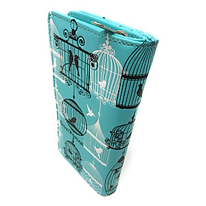 Shag Wear Vintage Bird Cage Large Wallet for Women and Teen Girls Vegan Faux Leather Blue 7"