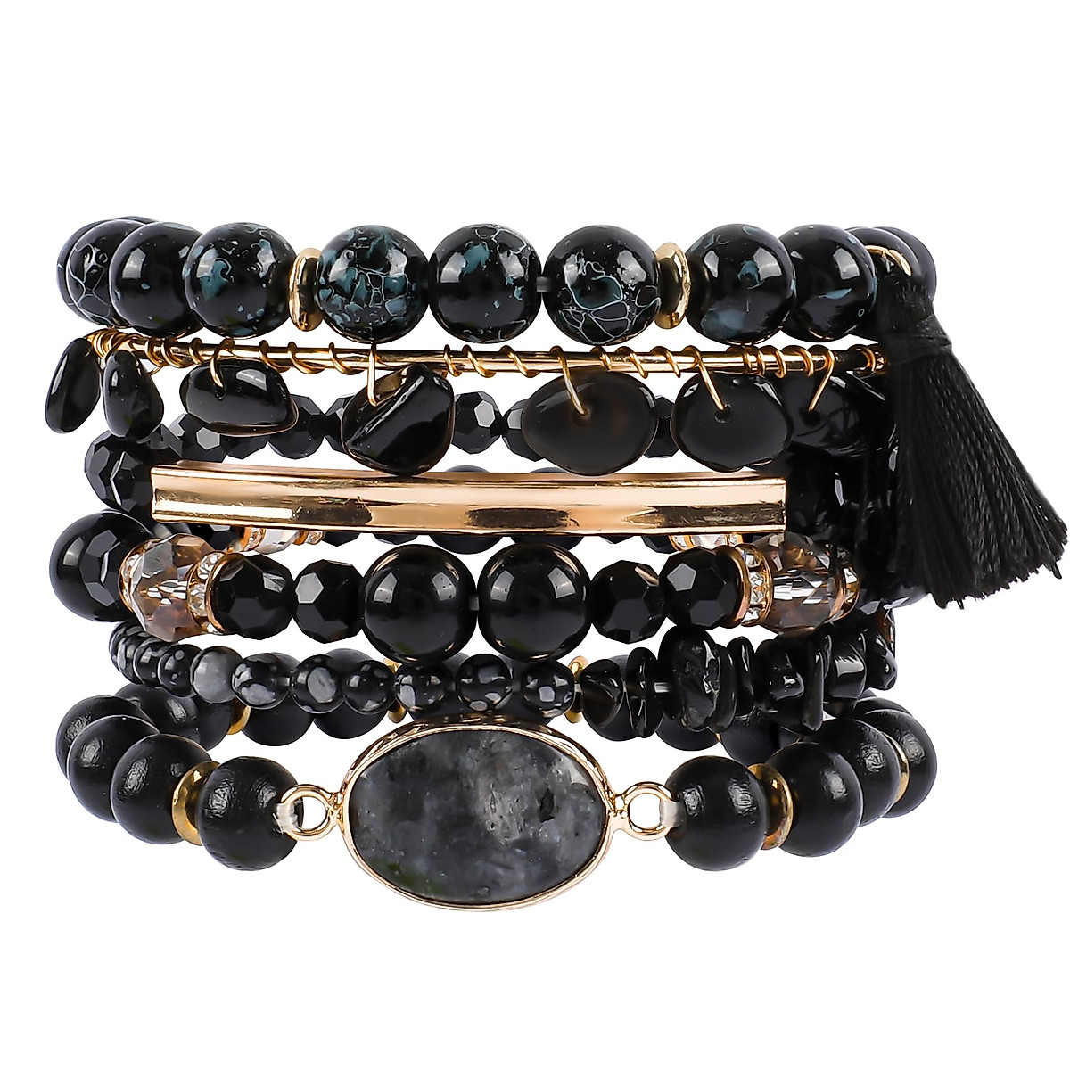 Bohemian Black Stone Beaded Bracelet Sets for Women Stackable Natural Stones Stretch Bracelets with Charm and Tassel, Multilayered Beads Bracelets with Gold Bangle Boho Jewelry, Black Snowflake Stone
