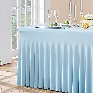 Htper Spandex Baby Blue Table Clothes for 8 Foot Rectangle Tables, Wrinkle Free Table Cloth 8ft Stretchy Tablecloths with Skirt for Parties Weddings Birthday Banquet Baby Shower, 1 Pack