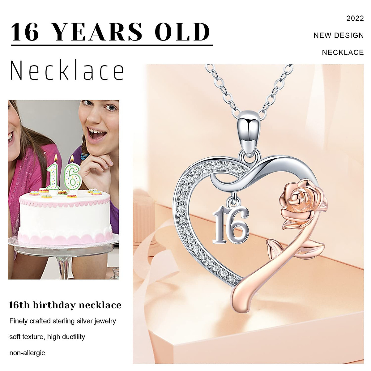 16 Year Old Gifts for Birthday/ Sweet 16th Birthday Gifts for Daughter 925 Sterling Silver Love Heart Rose Flower Pendant Necklace for Women Mothers Day Christmas Anniversary Graduation Jewelry