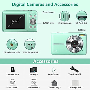 Digital Camera with SD Memory Card Autofocus Anti-Shake, 44MP 1080P Photography Camera for Kids Teens Birthday, 16X Zoom Small Portable Vlogging Camera for Boy Girl Video(2 Batteries)