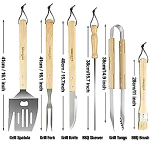 BBQ Grill Tools Set, Outerman 10Pcs Stainless Steel Grilling Tools Kit Gifts for Men & Women, Grilling Utensils Set with Long Oak Handle and Storage Apron for Outdoor Camping Backyard Barbecue