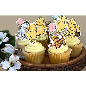 48 Pcs Winnie Cupcake Toppers For Baby Shower Classic Cake Topper Perfect Boys Girls First Birthday Party Supplies Favors