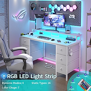 Lufeiya White Computer Desk with Fabric Drawers & Storage Shelves, 47 inch Home Office Desk with Monitor Stand, Gaming Desk with LED Lights and Power Outlets, White