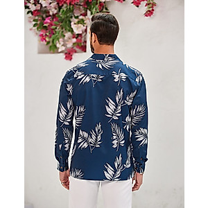COOFANDY Long Sleeve Hawaiian Shirts for Men Palm Leaf Printed Button Down Shirts Cuban Collar Hawaiian Floral Shirt Palm Leaf L