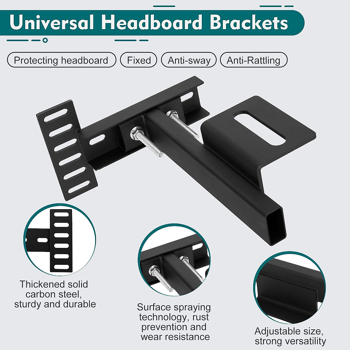 Universal Headboard Bracket, Thickened Black Metal Bed Headboard Bracket, Adjustable Headboard Bracket Kit Wall Mounted with Foot Pedal Extension Kit（2 Pcs），3-Year Warranty
