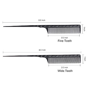 PERFEHAIR Heat Resistant Rat Tail Combs for Flat Iron Straightening, 2 Pieces Carbon Fiber Anti Static Styling Combs for Women, Fine and Wide Teeth, Black