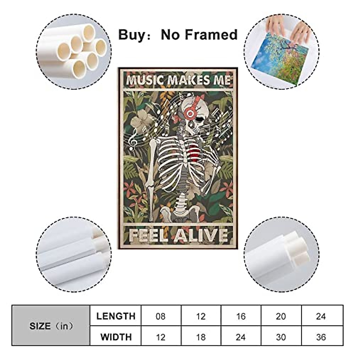 HAYOY Skull Music Poster, Flower Wall Music Art, Room Aesthetic Poster, Gothic Decor Canvas Print, Bedroom, Living Room, Music Studio Wall Decor Poster 12x18 Inches (Unframed)