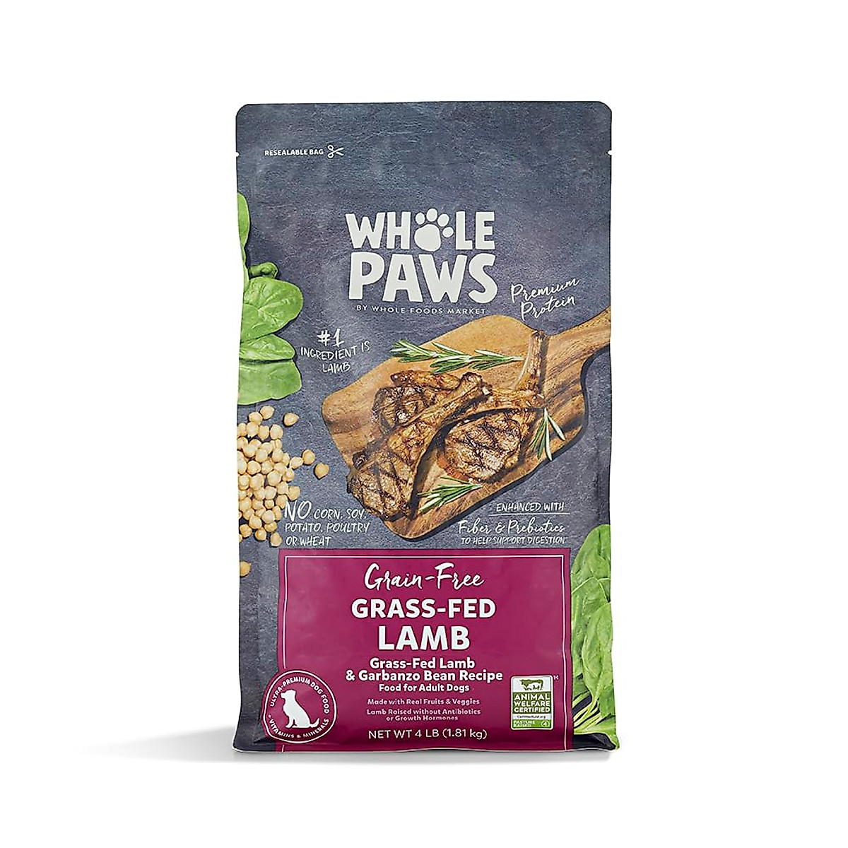Whole Paws by Whole Foods Market, Grain-Free Adult Dog Food, Grass-Fed Lamb & Garbanzo Bean Recipe, 4 Pound