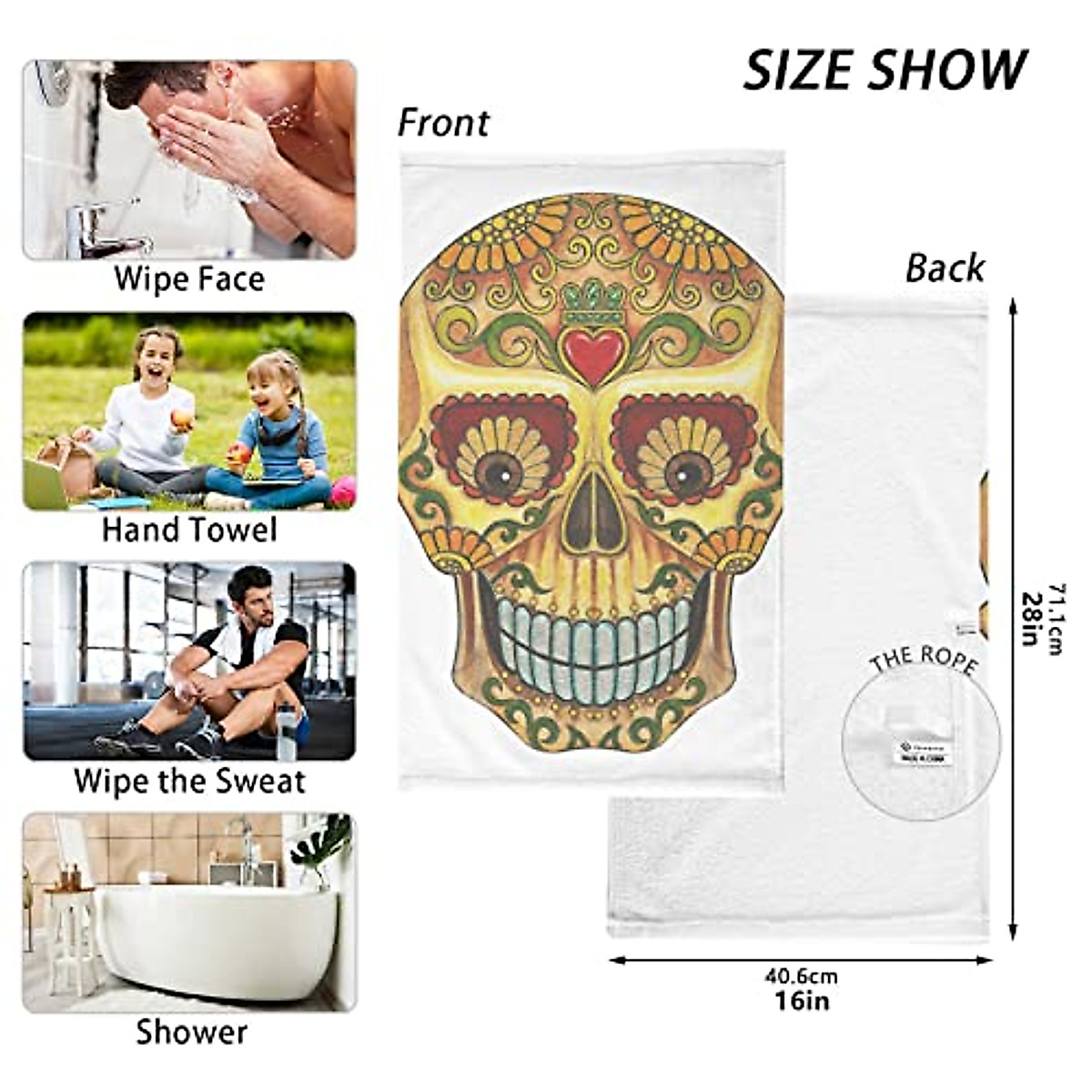 ALAZA Sugar Skull Art Day The Dead Hand Towels for Bathroom 1OO% Cotton 2 pcs Face Towel 16 x 28 inch, Absorbent Soft & Skin-Friendly