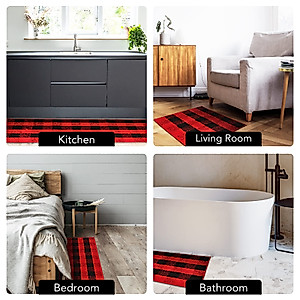 Dephora Kitchen Rugs and Mats Non Skid Washable Set of 2 Anti Fatigue Buffalo Plaid Check Water Absorb Microfiber Runner Rug for Kitchen Floor Front of Sink, Bathroom,17"x48"+17"x24", Black and White