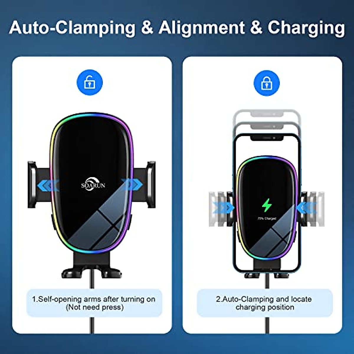 Wireless Car Charger Mount, SOARUN [Unique 7 Colors LED Dynamic Backlit] 15W Wireless Fast Charging Car Phone Holder, Auto-Clamping Wireless Car Charger for iPhone 14 Pro 13 12, Samsung S23 Ultra S22