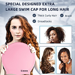 Extra Large Swim Cap for Braids and Dreadlocks Afro Hair Extensions Weave Long Hair, Waterproof Silicone Cover Ear Bath Pool Shower Swimming Cap for Women Men Youth Kids Girl , Pink, One size