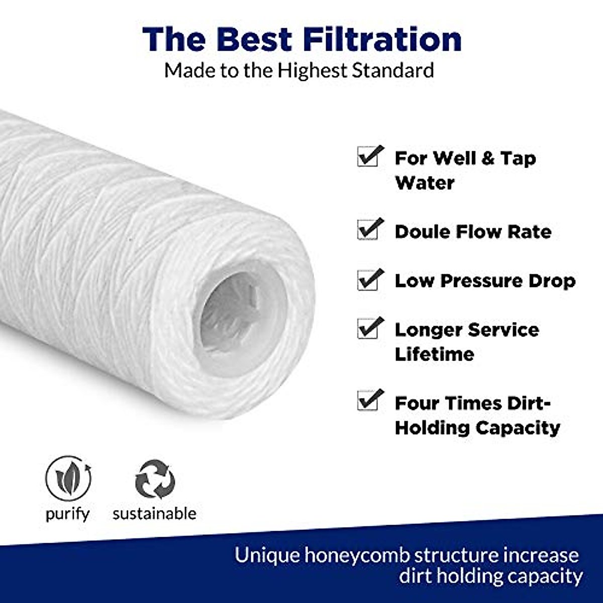 42 Pack of 10 Micron 10"x2.5" String Wound Whole House Water Filter Replacement Cartridge by Membrane Solutions, Universal Sediment Filters for Well Water, Compatible with WFPFC4002, CW-F, CW-MF, WP-5