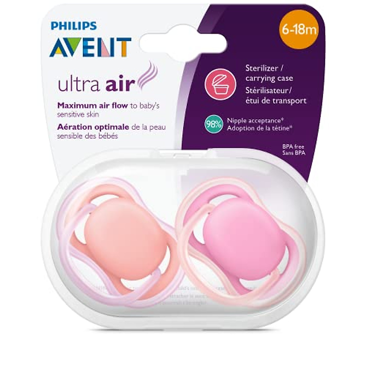 Philips AVENT Ultra Air Pacifier, 6-18 Months, Pink/Peach, 4 Pack, SCF245/42