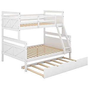 DEYOBED Twin Over Full Bunk Bed with Twin Size Trundle, Wooden Bed Frame with Ladder and Safety Guardrail for Kids Boy Girls, Can Convertible into 2 Separated Beds, White