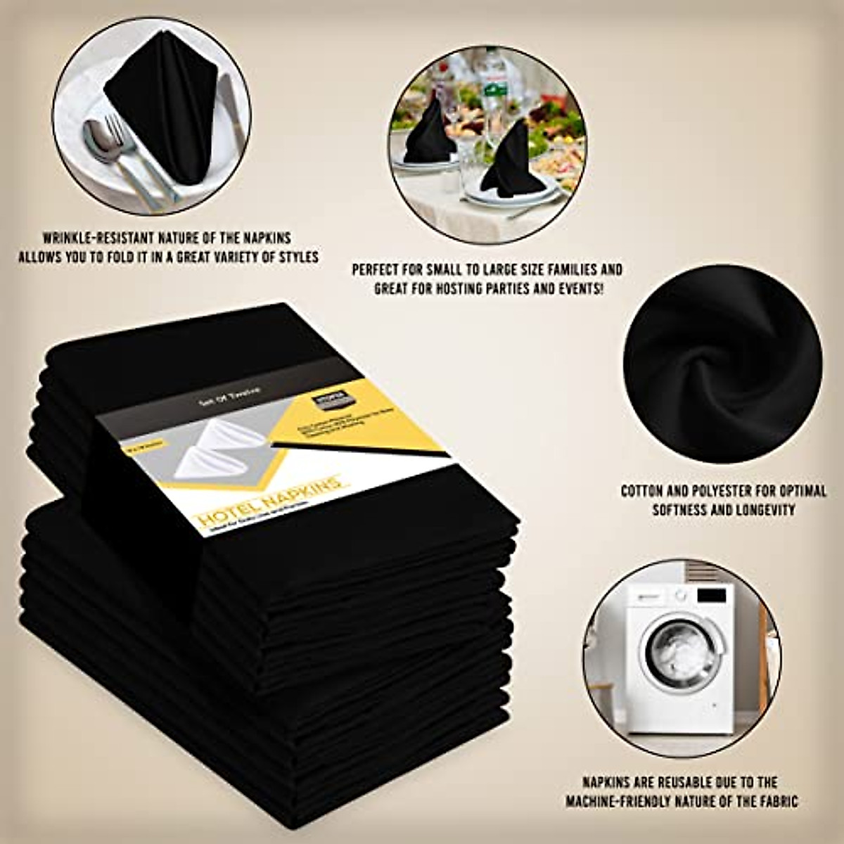 Utopia Kitchen Black Cloth Napkins [12 Pack, 18x18 Inch] Cotton Blend Washable and Reusable Table Dinner Napkins for Hotel, Lunch, Restaurant, Weddings, Event and Parties