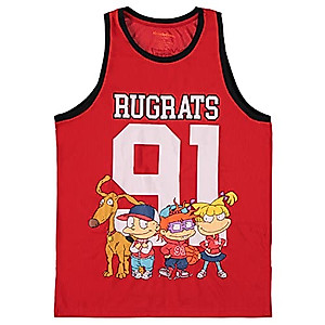 Nickelodeon Mens 90's Classic Tank - Rugrats Jersey - Reptar, Tommy, Chuckie & Phil Tanktop (Red Black, Large)