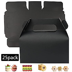 GUIFIER 25 Pack Black Treat Boxes Gable Boxes Party Favor Boxes Goodie Gift Boxes Paper Boxes with Handles for Birthday Shower Celebrating and Party Dessert Boxes for Candy, Cookies 6.5x3.6x3.4 Inches