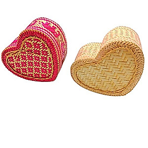 FOREVER 1 – Bamboo Sticky Rice Serving Basket 6.2 x 5.2 Inch, Kratip, Intricately Woven Container, Heart-Shaped, Elephant Weave Pattern, Bright Pink, Thailand Handmade, Dyed with Natural Based