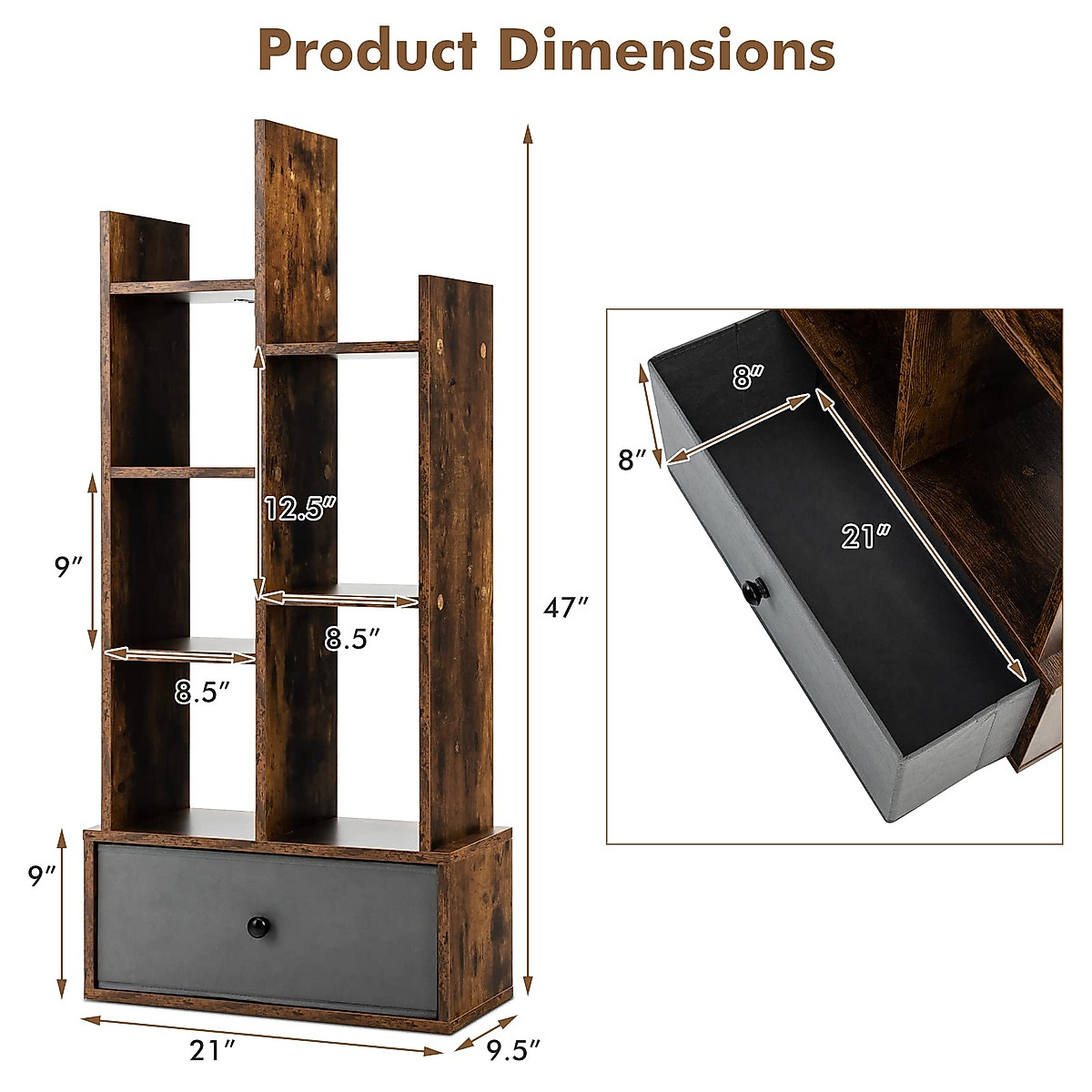 LOKO Rustic Bookshelf with Drawer, Industrial 3 Shelf Bookcase with Anti-toppling Device and 7 Open Compartments, Freestanding Vintage Wooden Book Shelf for Bedroom, Living Room (Rustic Brown)