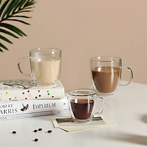 CNGLASS Double Wall Glass Coffee Mugs 12 oz,Insulated Glass Coffee Cups with Handle,Clear Coffee Glass,Cappuccino Cups,Tea Cups,Latte Cups,Beverage Glasses Heat Resistant,Set of 2