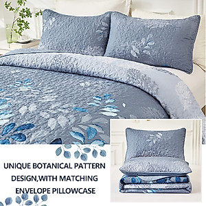 WONGS BEDDING Blue Floral Quilt Set California King, 3 Pieces Botancal Leaves Bedspread Coverlet Set with 2 Pillowcases for All Season, Soft Microfiber Floral Bedding Set 106"×96"