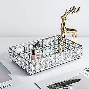 Feyarl Crystal Cosmetic Decorative Vanity Tray Jewelry Trinket Perfume Bottles Storage Organizer with Real Glass Surface for Dresser Table Home Deco12inch (Silver)