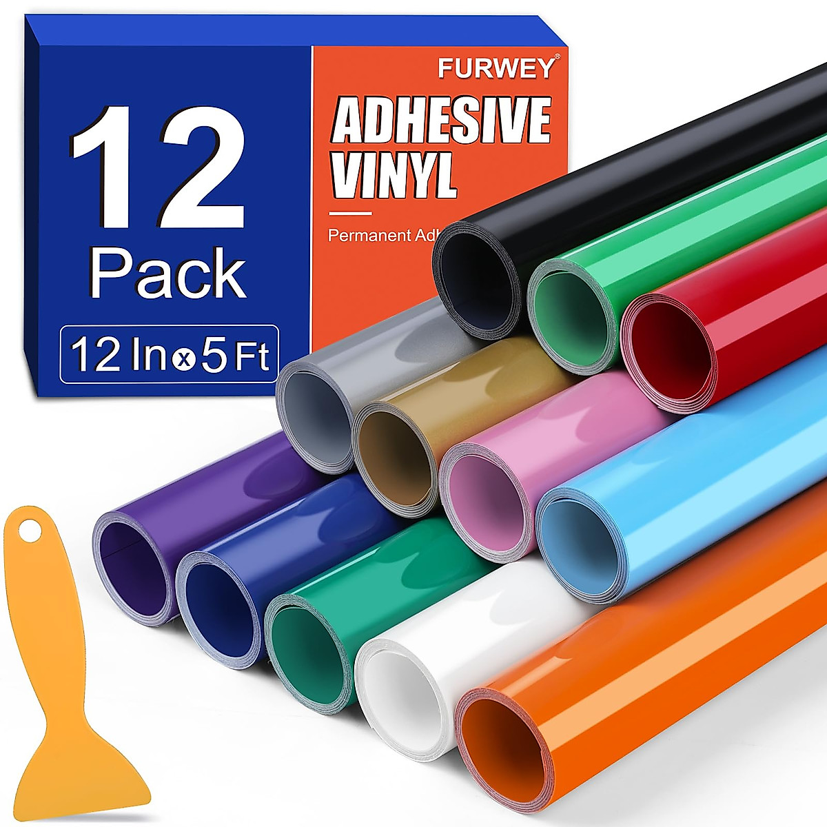 FURWEY Permanent Vinyl for Cricut-12 Pack 12 Inch by 5 Feet Permanent Vinyl Rolls, Adhesive Vinyl for Cutting Machines, Signs, Scrapbooking, Craft, Die Cutters