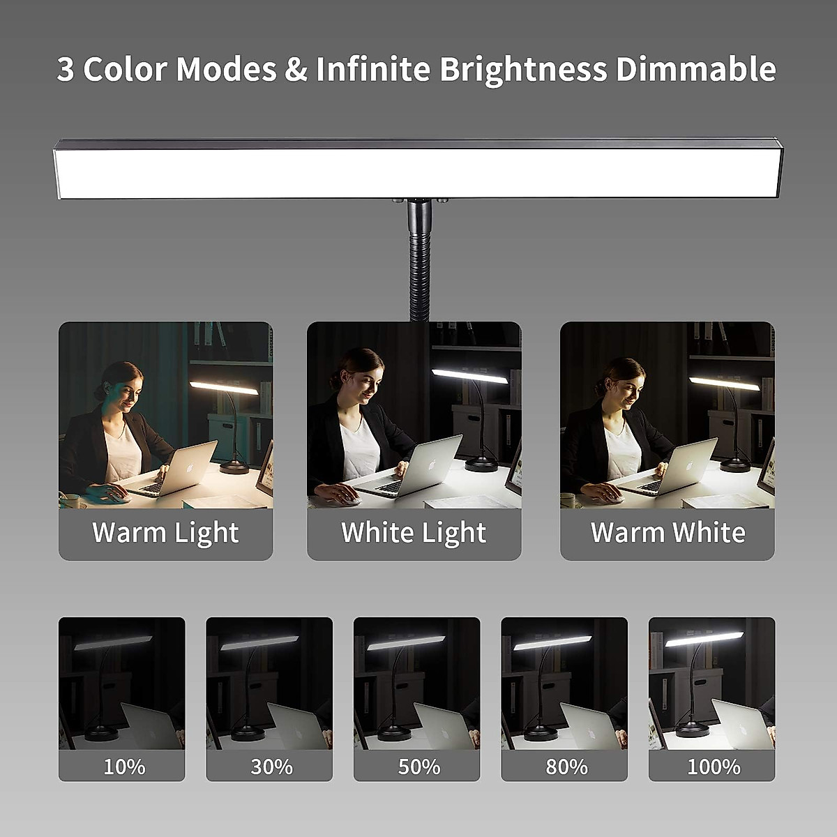 NovoLido LED Piano Desk Lamp, 2-in-1 Bright Flexible Tall Table Lamp with Base & Clamp Interchangeable, 10W Architect Desk Lights for Home Office, 1000lm, 3 Color Modes, 30 Brightness Levels, Black