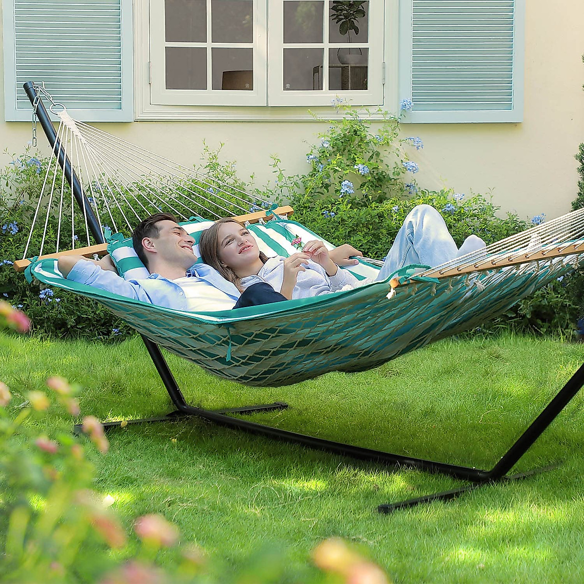 Double Outdoor Hammock with Stand, 2 Person Cotton Rope Hammock with Polyester Pad and Pillow for Backyard Porch Patio Garden