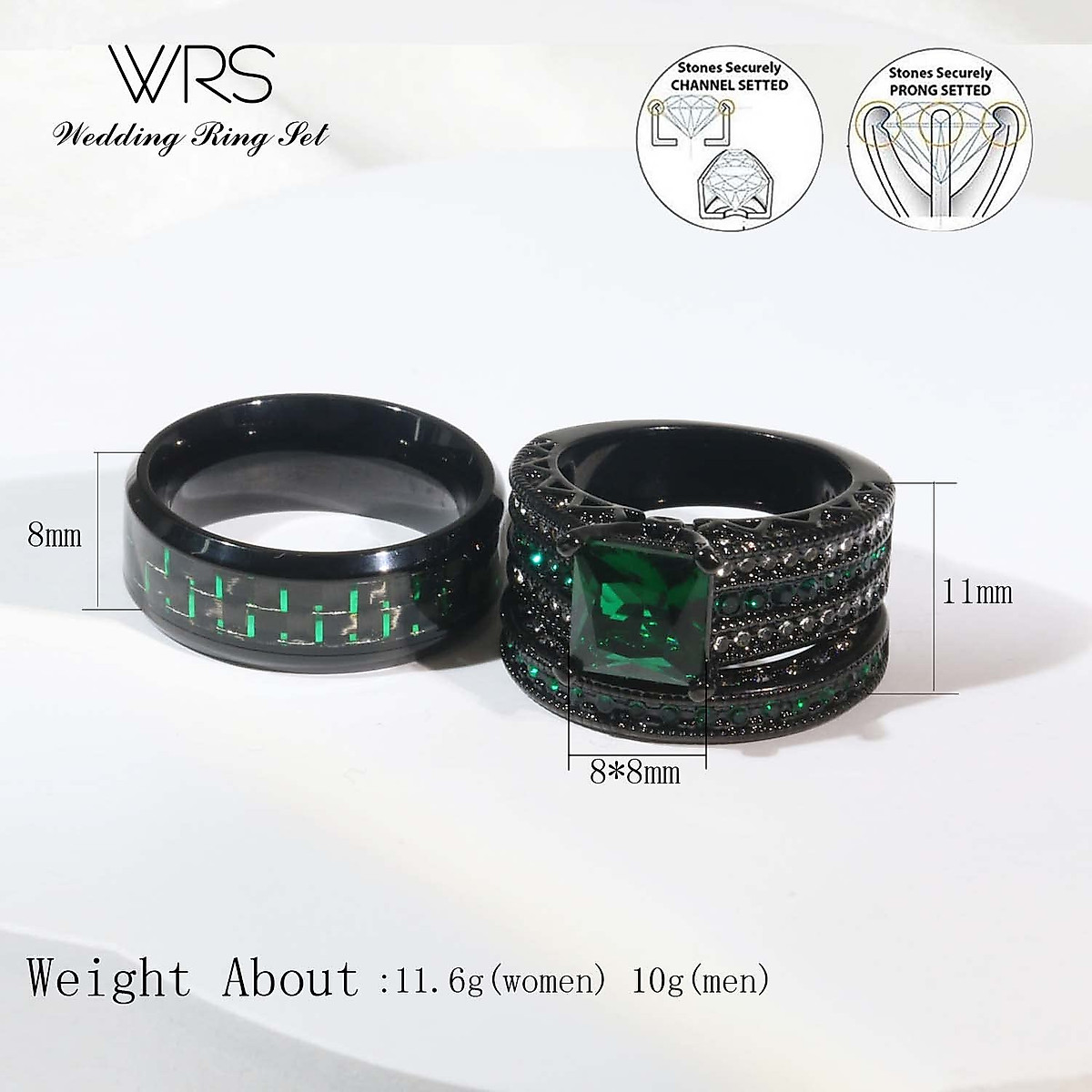 Two Rings His Hers Wedding Ring Sets Couples Matching Rings Women's Black Gold Filled Green CZ Wedding Engagement Ring Bridal Sets Men's Stainless Steel Wedding Band