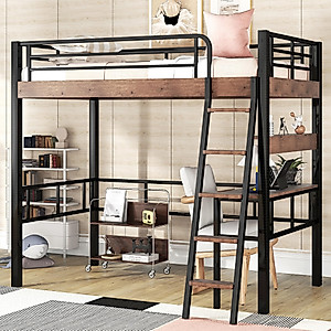 Twin Loft Bed with Desk and Storage Shelf, Metal Loft Bed Twin Size with Wider Ladder and Full Length Guardrail, Twin Size Loft Bed for Kids, Teens, Twin Loft Bed Black+Natural