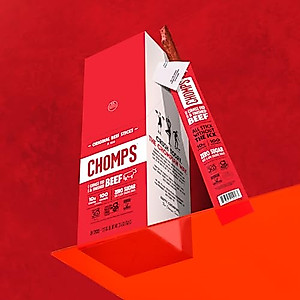 Chomps Grass-Fed and Finished Original Beef Jerky Snack Sticks 10-Pack - Keto, Paleo, Whole30, 10g Lean Meat Protein, Gluten-Free, Zero Sugar Food, Non-GMO