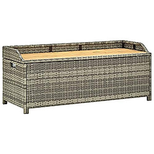Garden Bench Patio Dustproof Storage Box, Weather Resistant Poly Rattan Solid Acacia Wood Slats Outdoor Storage Trunk Chest for Pool Toys, Blankets and Gardening Tools, 47.2" x 19.6" x 19.6" (Grey)