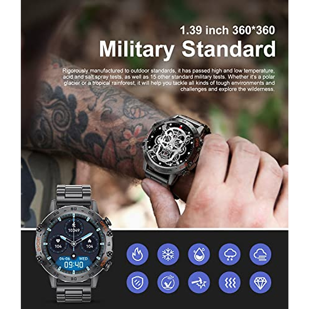 Military Smart Watch for Men (Answer/Make Call), 1.39'' DIY HD 400mAh Long Battery Tactical Sports Watch with 100+ Sports Modes Heart Rate Blood Pressure Monitor,Smartwatch for iPhone Android Phone