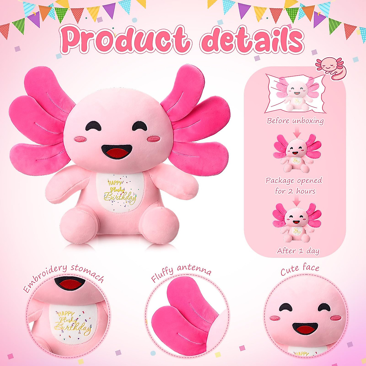 HyDren 10 Inch Happy Plushy Birthday Plush Pink Axolotl Plush Soft Cute Stuffed Animal Plush Pillow Kawaii Birthday Gifts for Kids Girls Party Favor Bedroom Home Decor