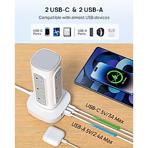 TROND Tower Power Strip Surge Protector - Power Strip with 4 USB Ports(2 USB C), 12 Widely Spaced Outlets, Ultra Thin Flat Plug 10ft Extension Cord, 1700J, for Home Office Supplies, Dorm Essentials
