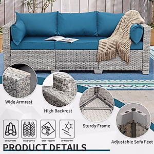 WAROOM Outdoor Couch 3 Seater Wicker Patio Sofa Grey Rattan Deep Seat Balcony Furniture Porch Seating with Peacock Blue Cushion
