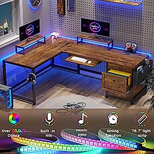 SEDETA 69" L Shaped Gaming Desk, Convertible L Office Desk to Long Computer Desk, Gaming Desk with LED Lights, Corner Desk with File Drawers & Keyboard Tray for Home Office, Rustic Brown