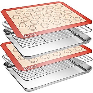 Stainless Steel Baking Sheet Tray Cooling Rack with Silicone Baking Mat Set, Cookie Pan , Set of 6 (2 Sheets + 2 Racks + 2 Mats), Non Toxic, Heavy Duty & Easy Clean