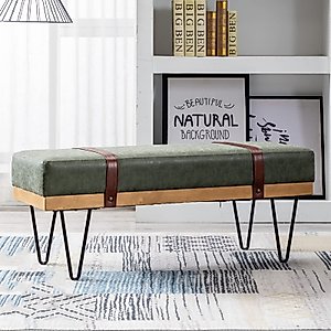 DUOMAY Industrial Modern PU Rectangle Ottoman Bench with PU Strap and Metal Legs, Mid Century Dining Table Bench Footstool Entryway Shoe Bench for Bedroom Dining Room Living Room, Green