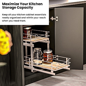 Home Zone Living Pull Out Kitchen Cabinet Organizer with 2 Tiers of Storage for Easy Access, 12”W x 20”D, Satin Nickel with Light Brown, Virtuoso Collection