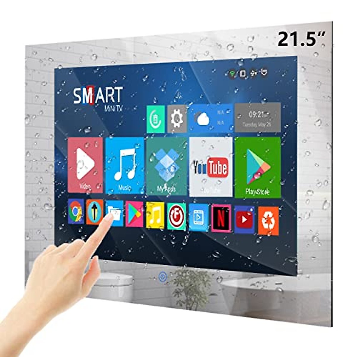 【H2 Chip Android 11.0 System & 500 cd/㎡ High-Brightness 2023 Model】Haocrown 21.5-Inch Touchscreen Bathroom TV IP66 Waterproof Smart Mirror TV 1080P LED TV Built-in ATSC Tuner Wi-Fi Bluetooth(8GB+64GB)