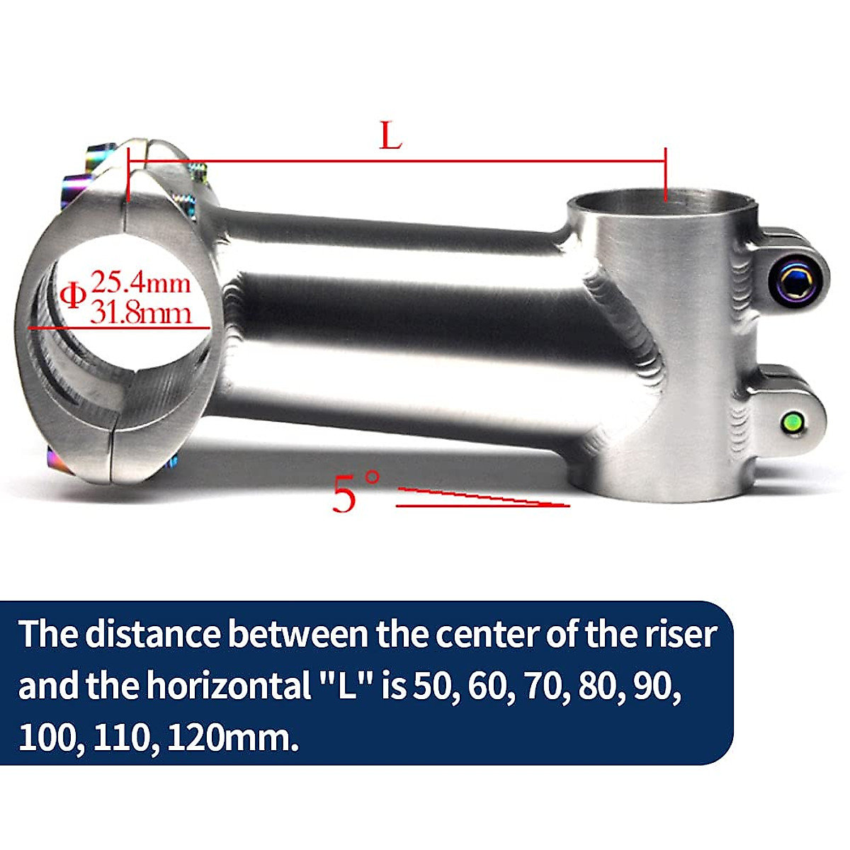 Chestnut-YX Titanium Bicycle Stem Bike Stem 25.4mm/31.8mm 5 Degree Bike Handlebar Stem for Mountain Bike Road Bike BMX MTB,Stem X Length 50/60/70/80/90/100/110/120mm (31.8mm, 60mm)