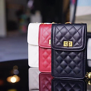 Seagloca 7.9“ Women PU Leather Quilted Crossbody Bag Shoulder Bag Phone Wallet Purse Chain Bag Clutch (White)