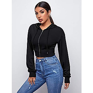 WDIRARA Women's Drop Shoulder Zip Up Drawstring Hoodie Black M